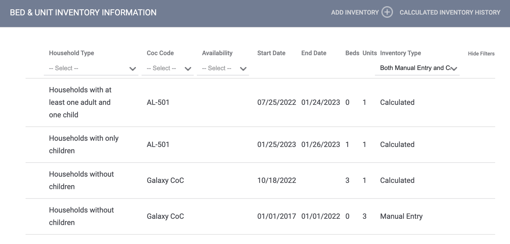 Program Setup: Bed & Unit Inventory Information